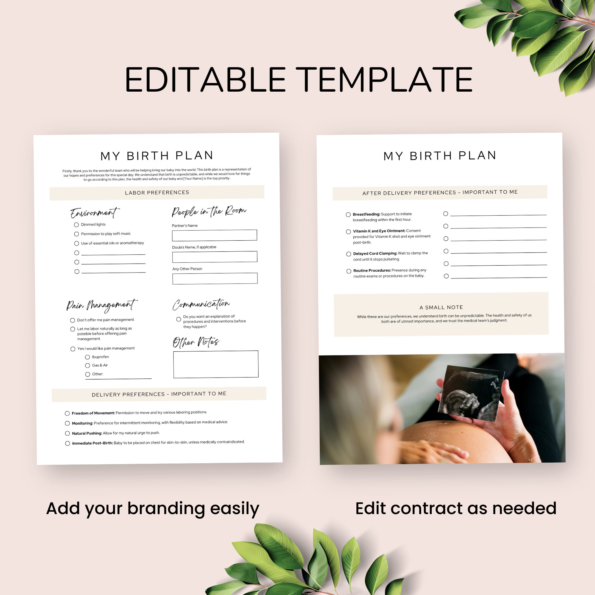 Natural Birth Plan Template, Printable and Editable, Preferences ...