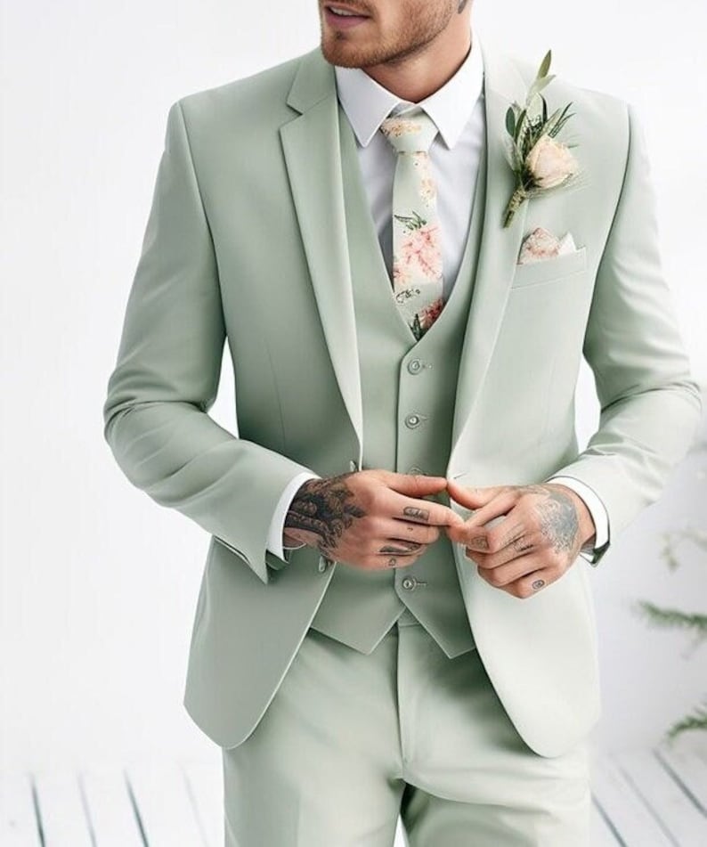 Elegant Men Sage Green 3 Piece Slim Fit Tuxedo Suits for Groomsmen Prom Wedding Suit - Etsy