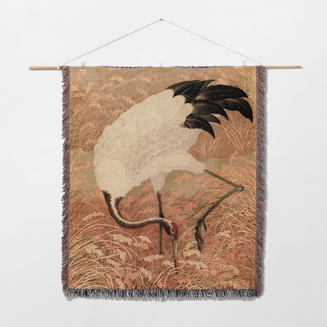 Sarus Crane in Rice Field Woven Blanket, Vintage Japanese Illustration ...