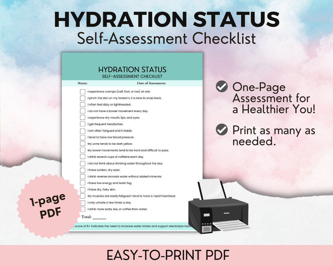 Hydration Status - Self Assessment Checklist, Daily Hydration Tracker, Hydration Log Sheet ...