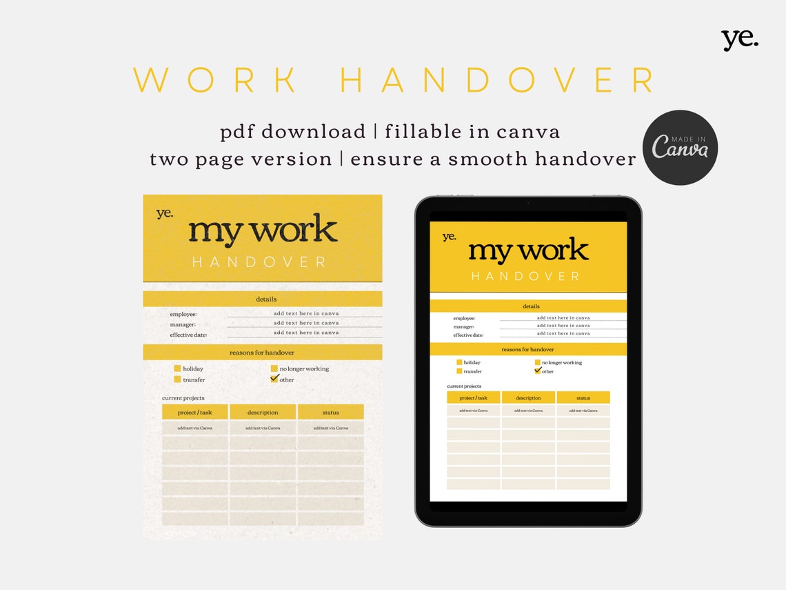 Work Handover Template, Work Organiser, Role Handover Template, Job ...