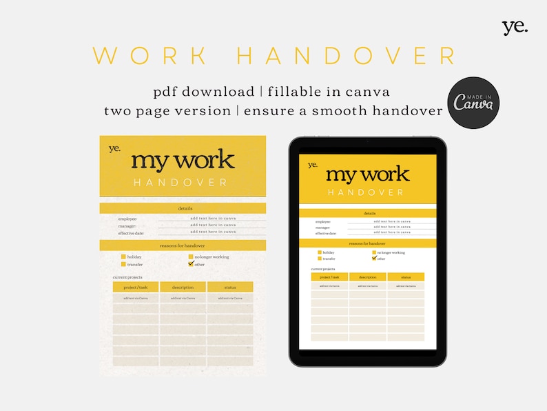 Work Handover Template, Work Organiser, Role Handover Template, Job ...