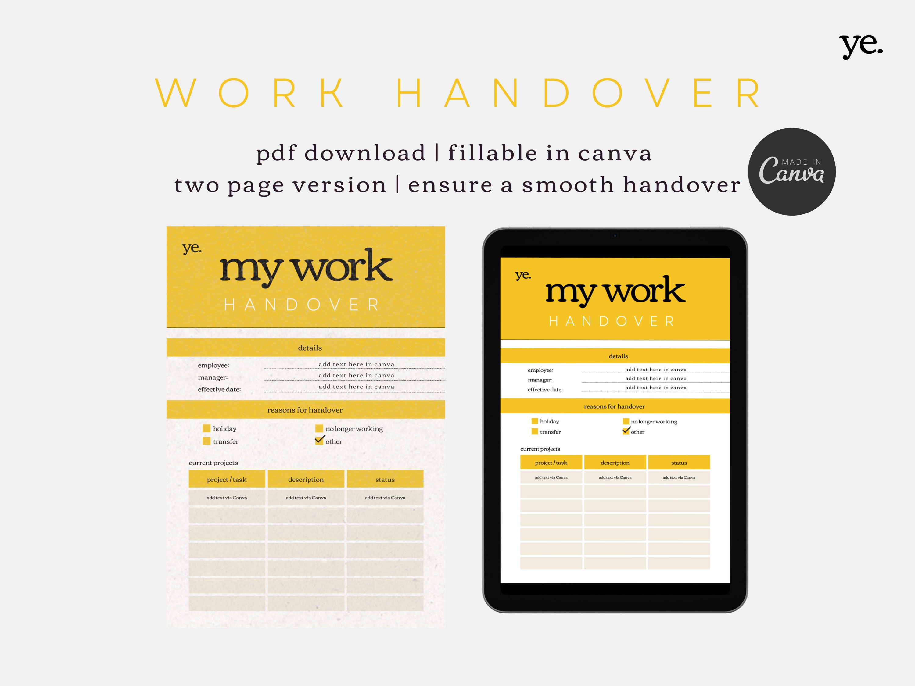 Work Handover Template, Work Organiser, Role Handover Template, Job ...