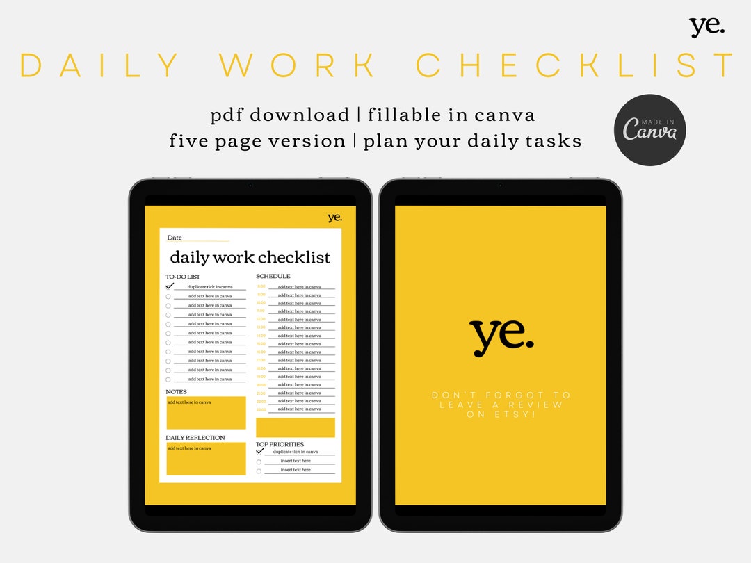 Daily Work Checklist, Work Day Organiser, to Do List, Daily Planner ...