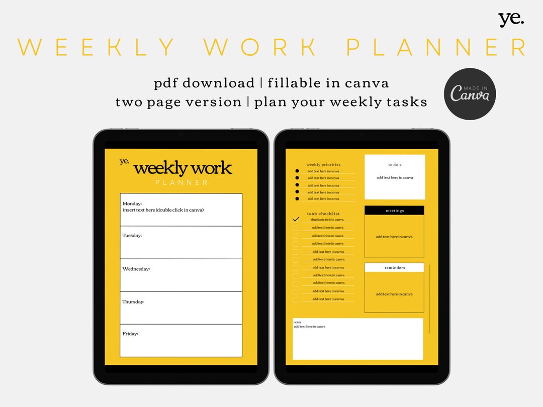 Weekly Work Planner, Work Week Organiser, Work Planner, to Do List ...