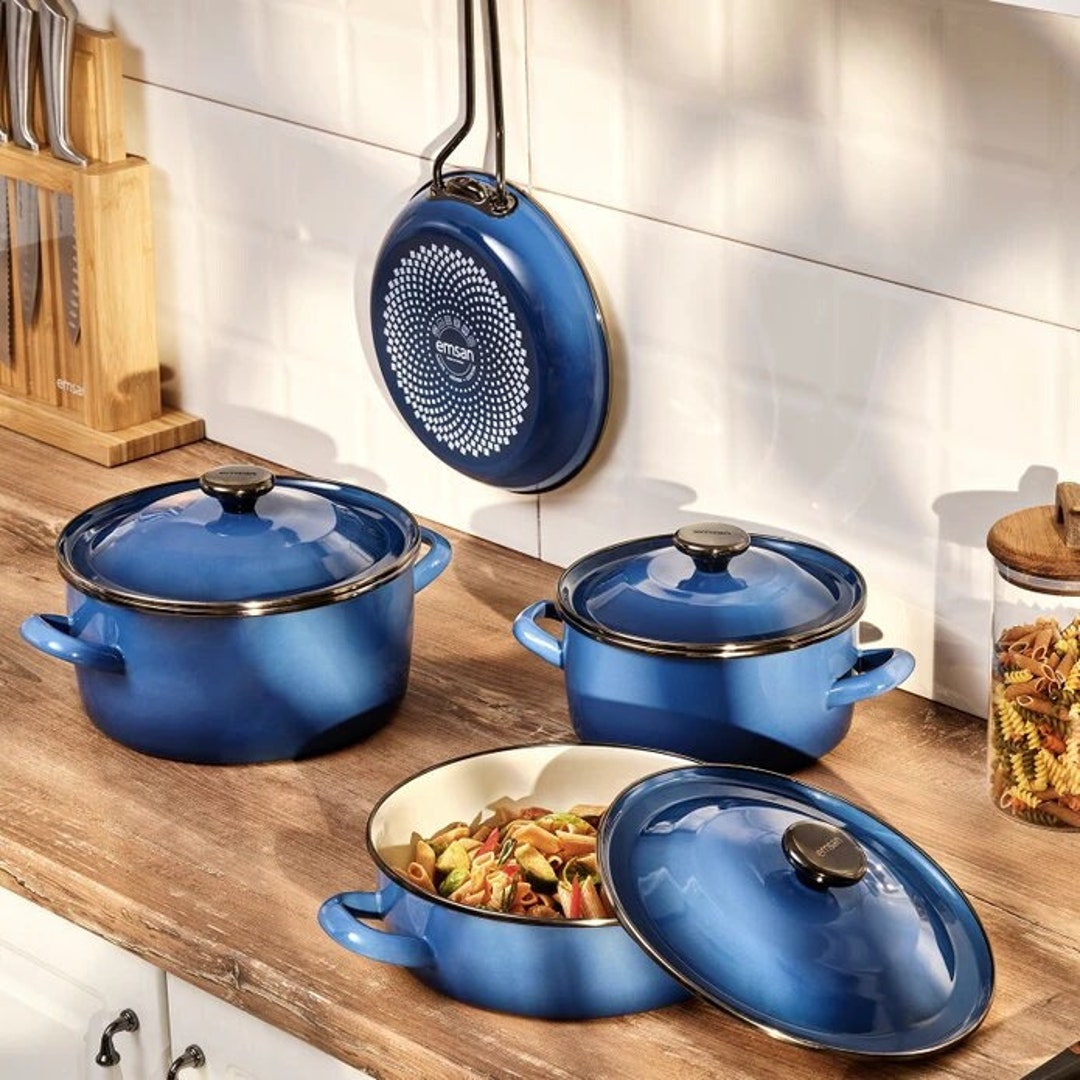 Premium 7-piece Red Blue Enamel Cookware Set Durable - Etsy
