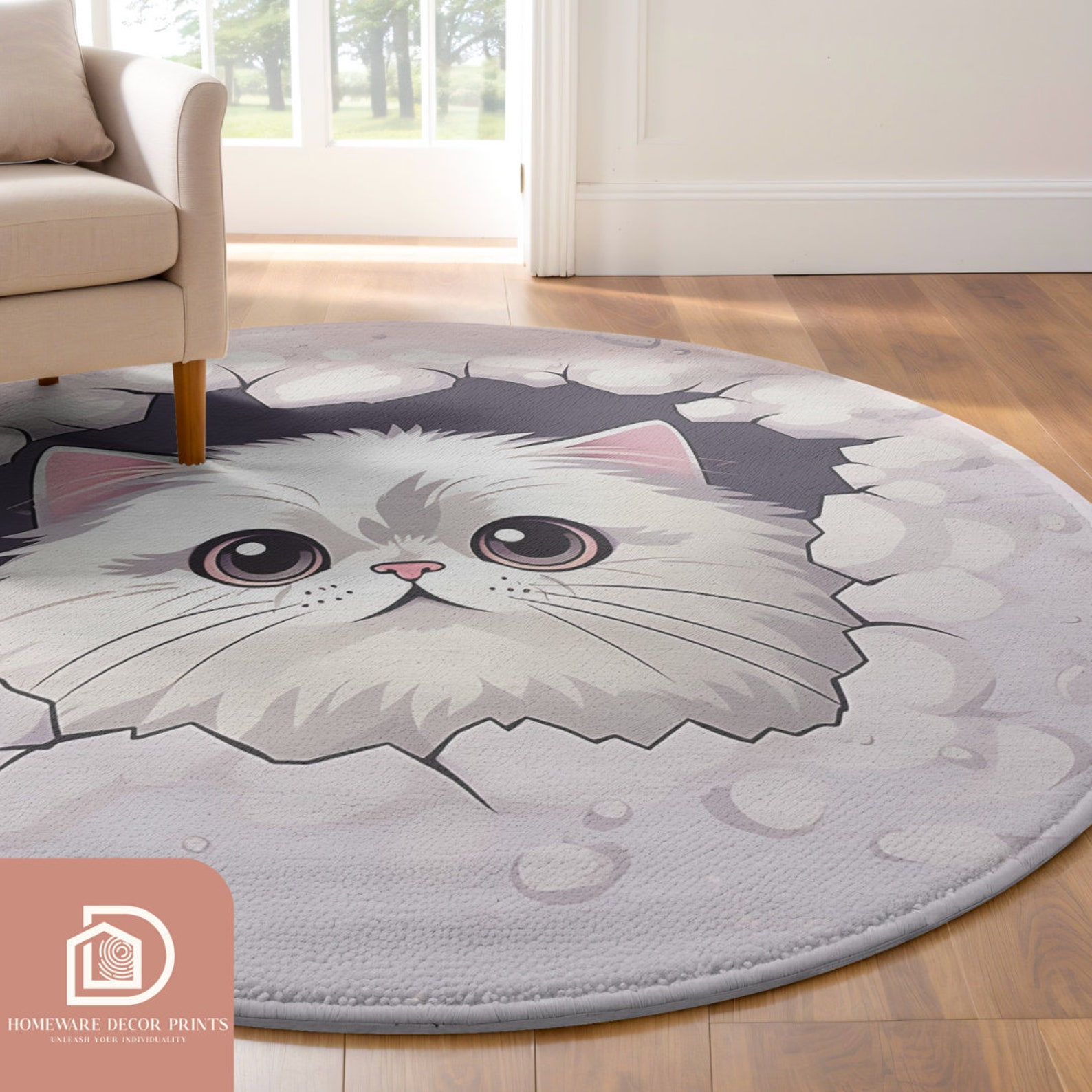 Cat Peeking 5ft Round Rug, Ragdoll Peekaboo Circular Carpet, Kitty ...