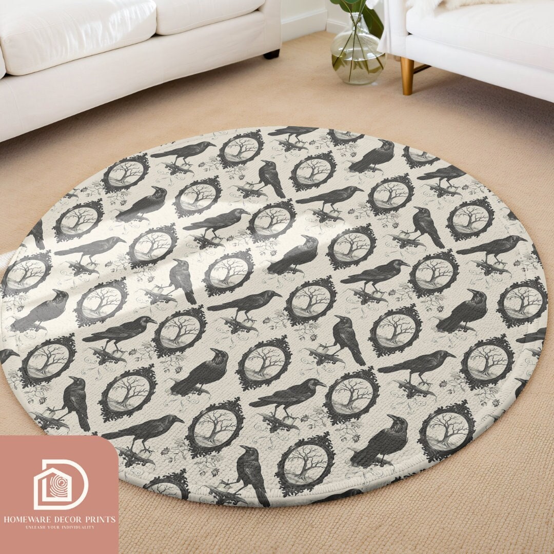 Vintage Black Raven 5ft Round Rug, Moody Dark Academia Mat, Gothic Crow ...