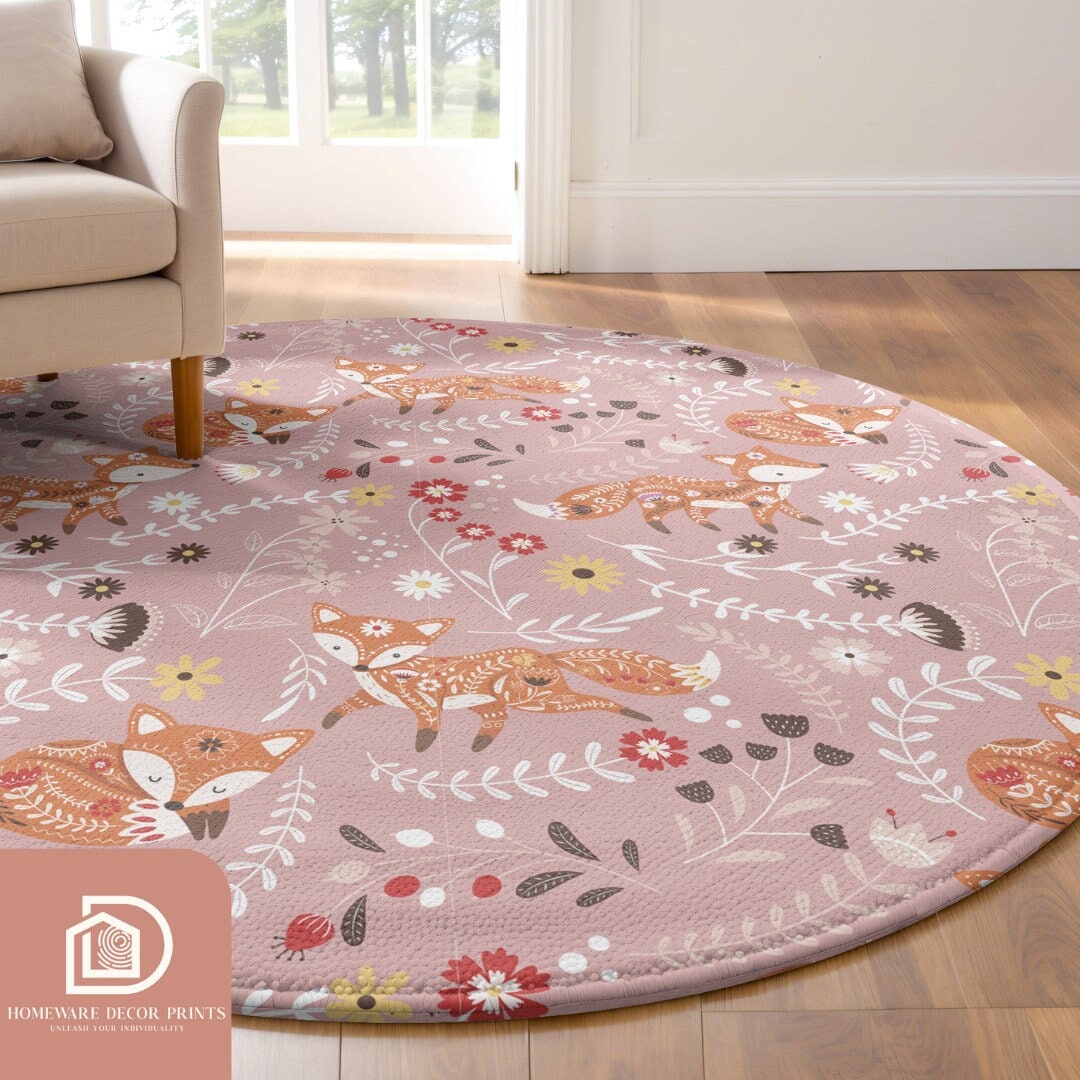 Pink Folk Foxes 5ft Round Rug, Forest Animal Comfy Circular Carpet ...