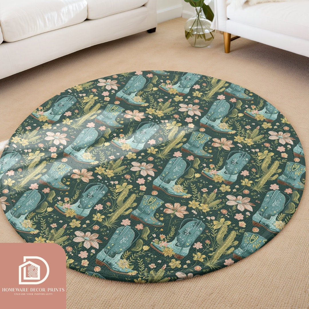 Blue Boots Botanical 5ft Round Rug, Floral Cowgirl Aesthetic ...