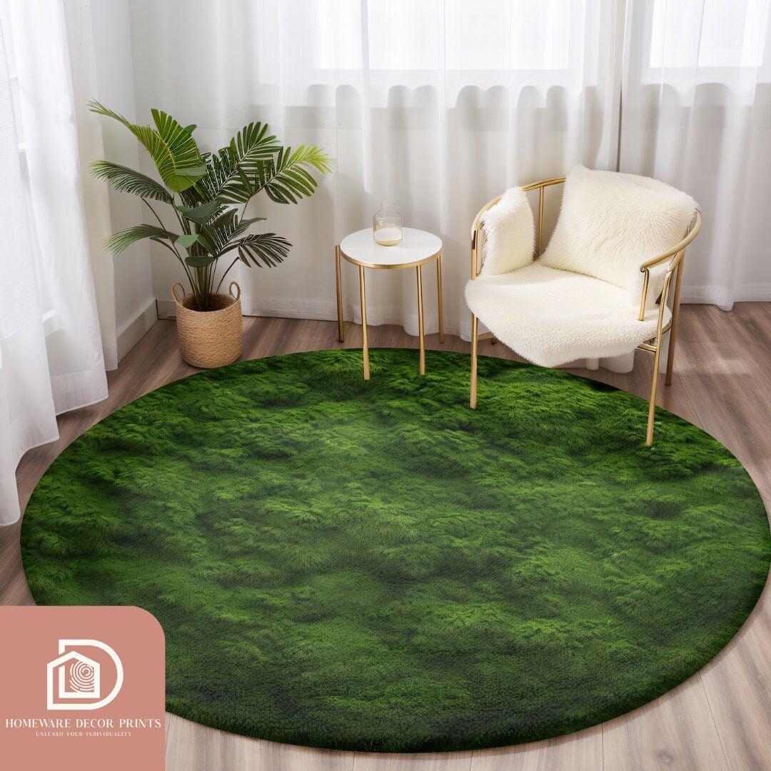Green Moss 5ft Round Rug, Mossy Mountain Landscape Fluffy Mat, Woodland ...