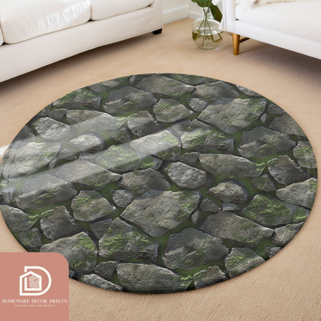 Mossy Cobblestone 5ft Round Rug, Woodland Rustic Cabin Circular Mat ...