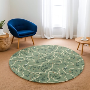 Mountain Road Map 5ft Round Rug, Large Floor Mat Kids Bedroom, Green ...
