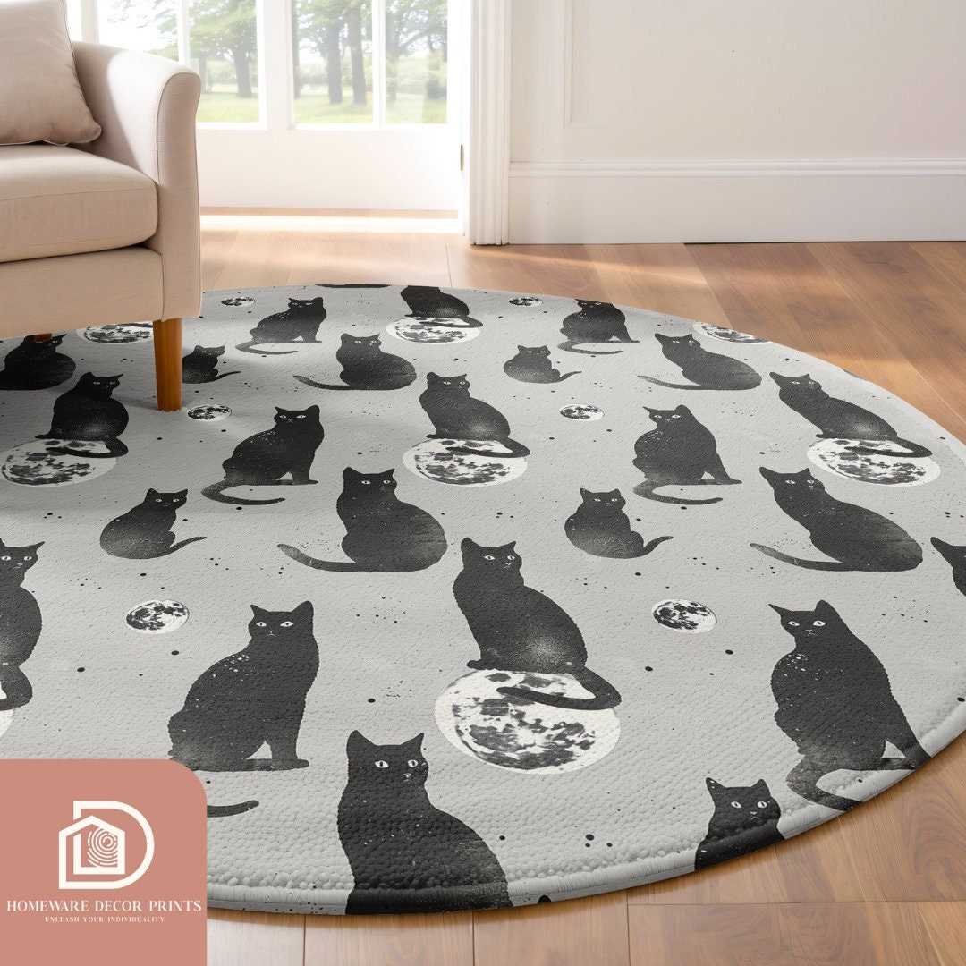 Celestial Black Cat 5ft Round Rug, Witchy Dark Academia Circular Mat ...