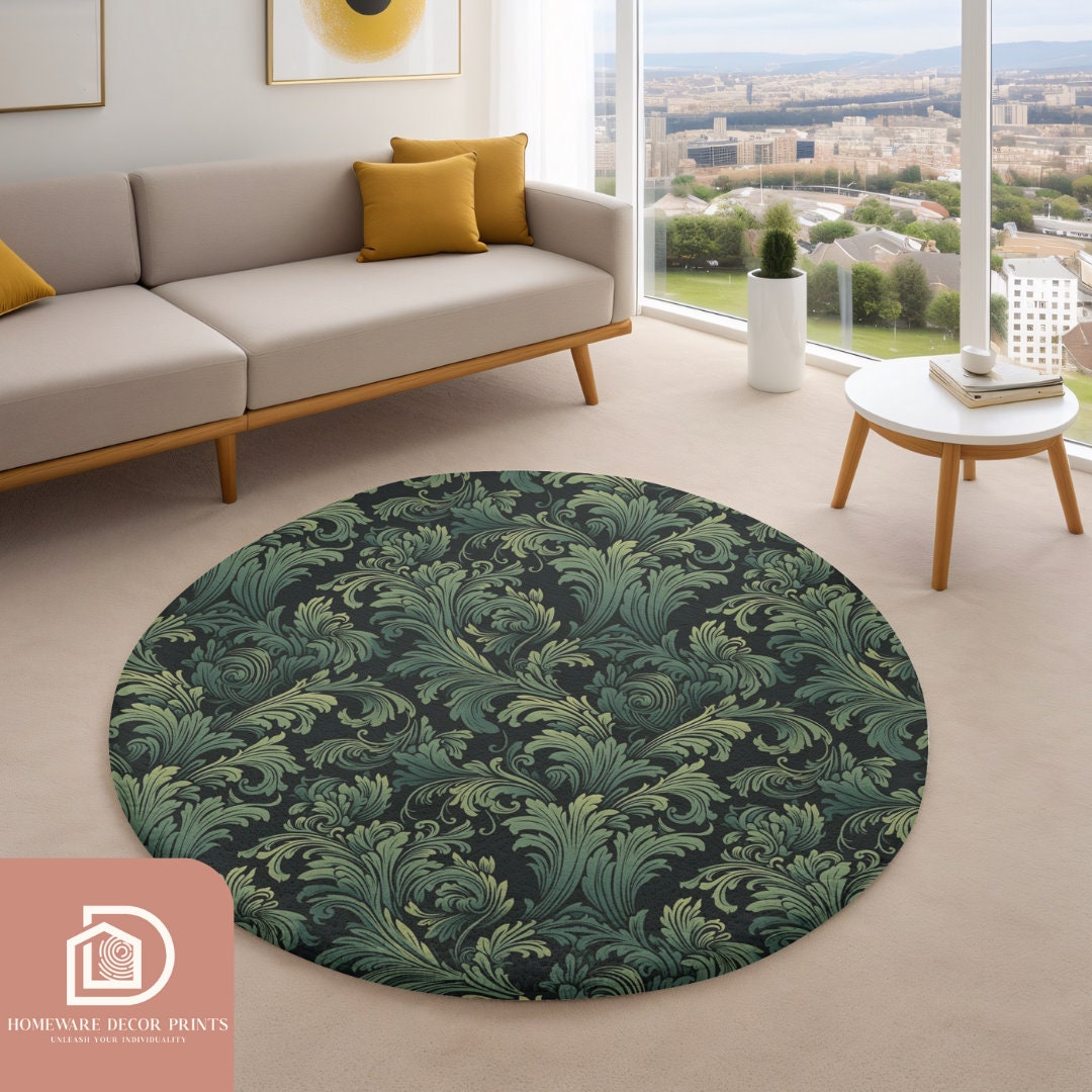 Green Damask 5ft Round Rug, Old Money Aesthetic, Baroque Victorian Era ...