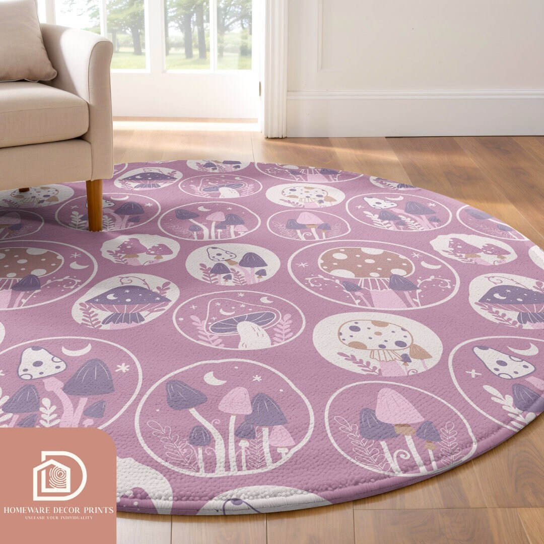 Blush Pink Mushroom 5ft Round Rug, Eclectic Woodland Fungi Mat ...