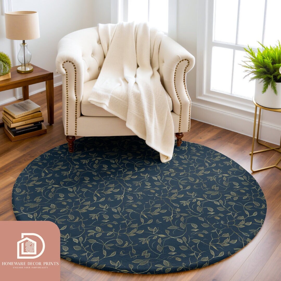 Gold Vine 5ft Round Rug, Blue Teal Botanical, Whimsygoth Aesthetic ...