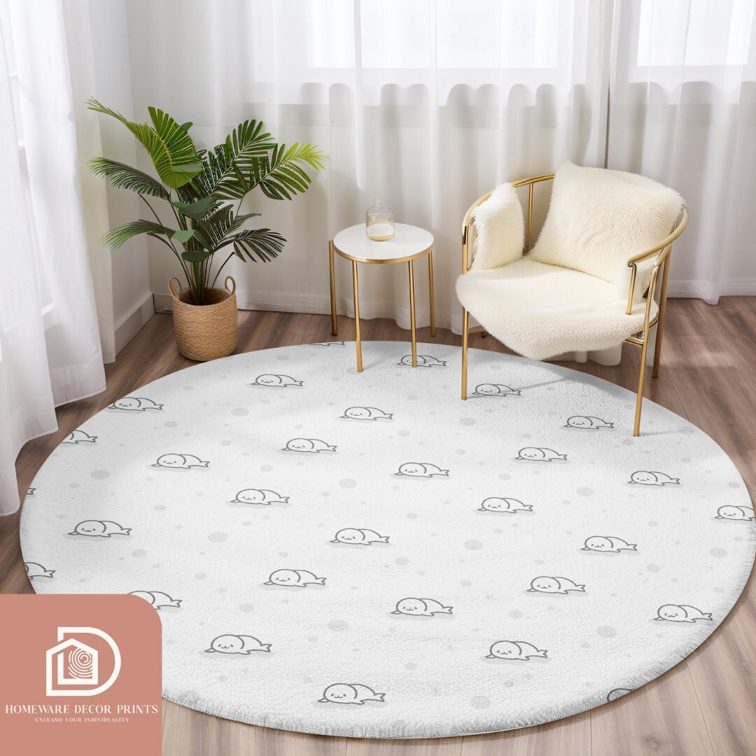 Arctic Animal 5ft Round Rug, Baby Seal Fluffy Playmat, Polar Creature ...