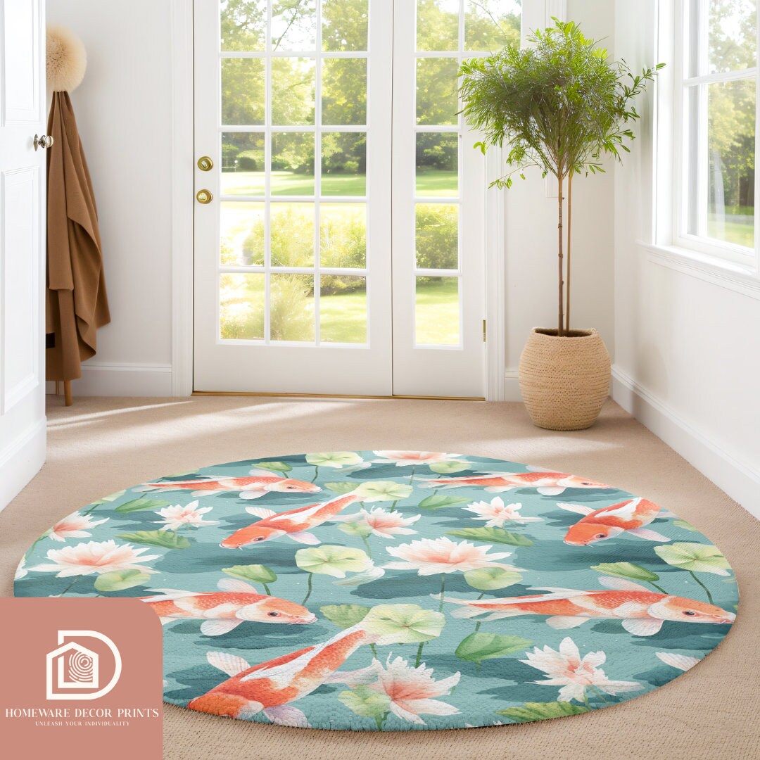Koi Fish Pond 5ft Round Rug, Vibrant Asian Decorative Mat, Exotic ...