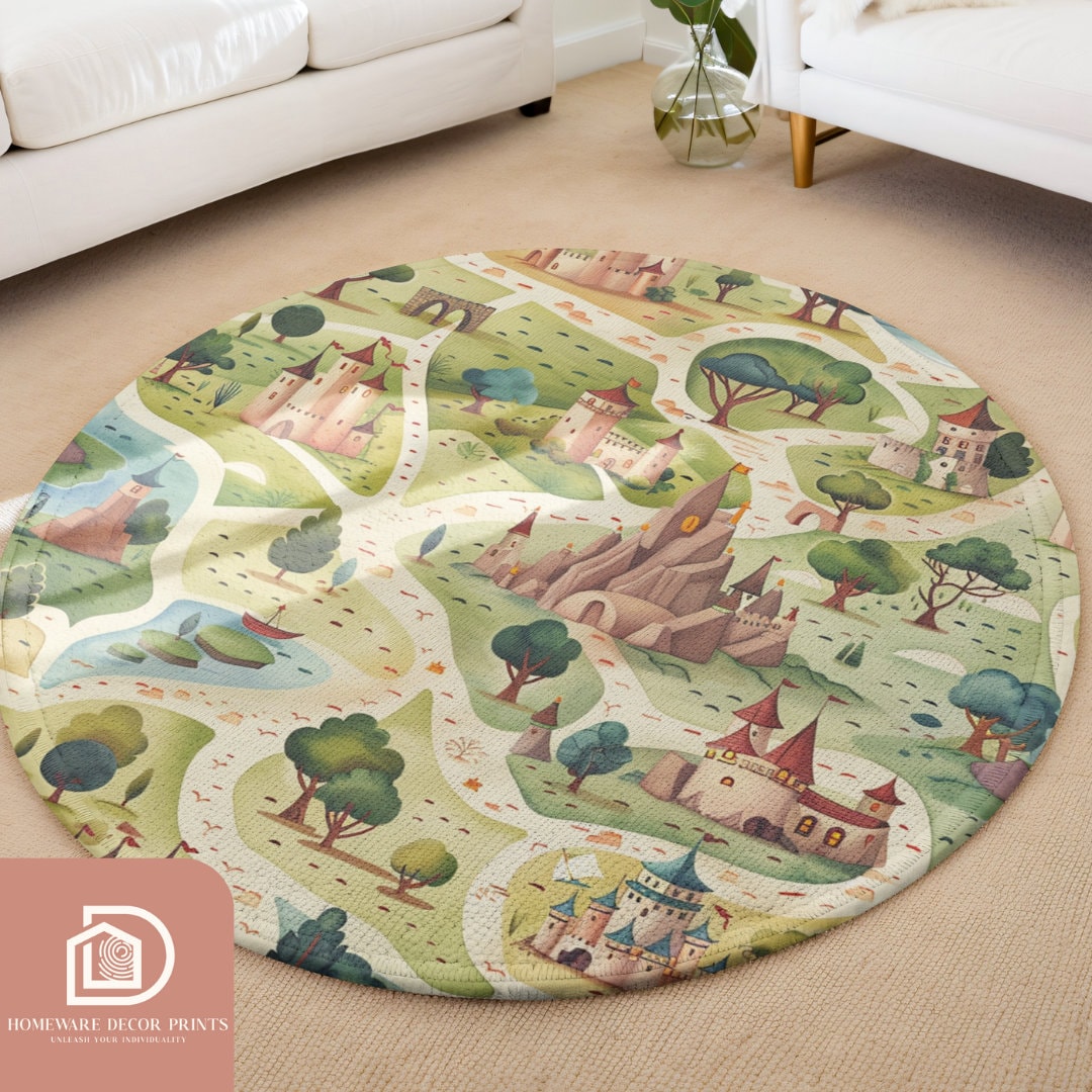 Castle Road Map 5ft Round Rug, Medieval Fairytale Nursery Theme Playmat ...