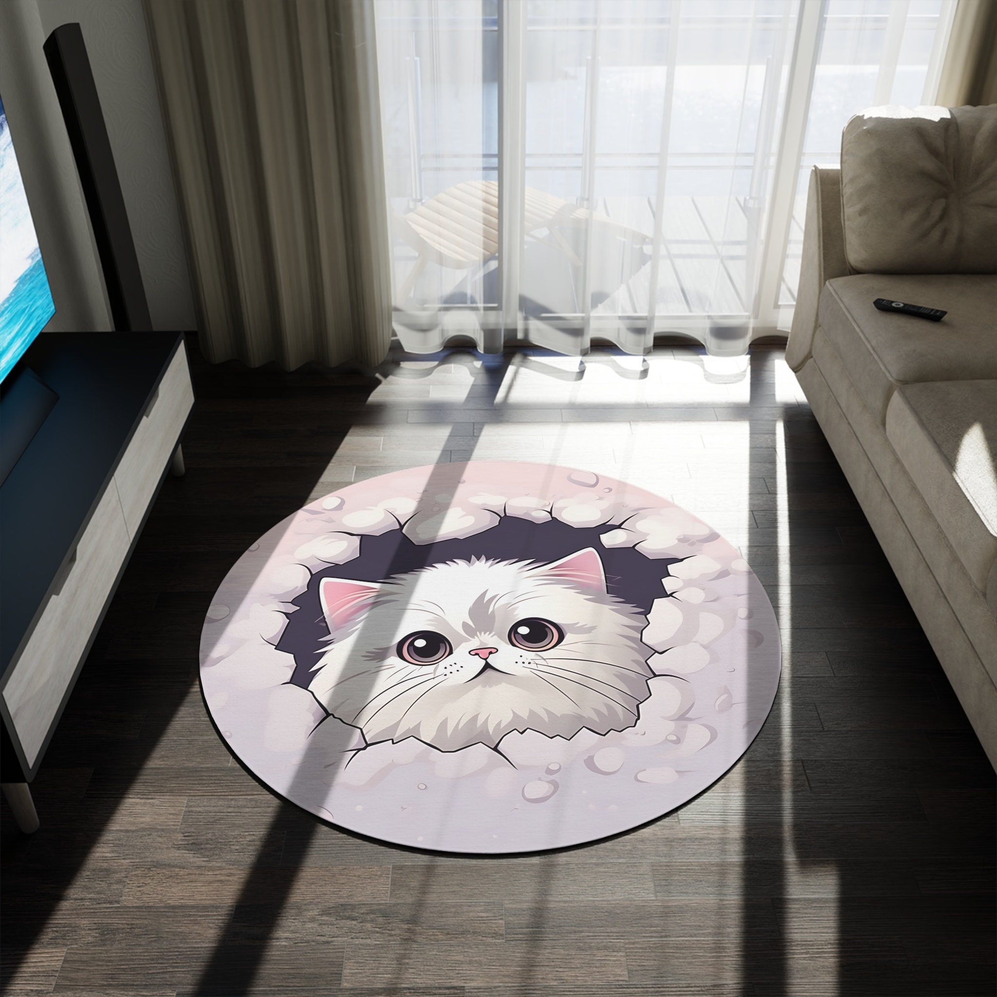 Cat Peeking 5ft Round Rug, Ragdoll Peekaboo Circular Carpet, Kitty ...
