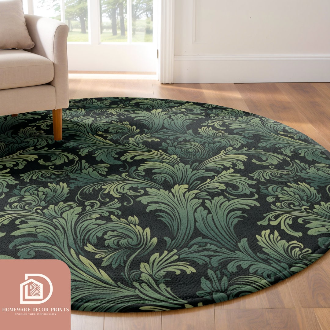 Green Damask 5ft Round Rug, Old Money Aesthetic, Baroque Victorian Era ...