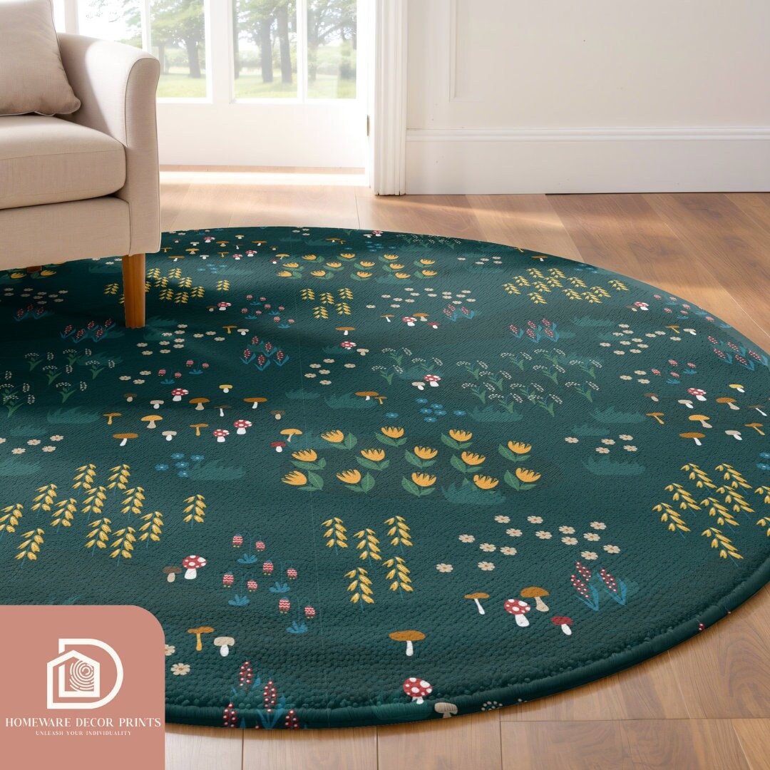 Green Woodland 5ft Round Rug, Whimsical Glade Comfy Carpet, Mushroom ...