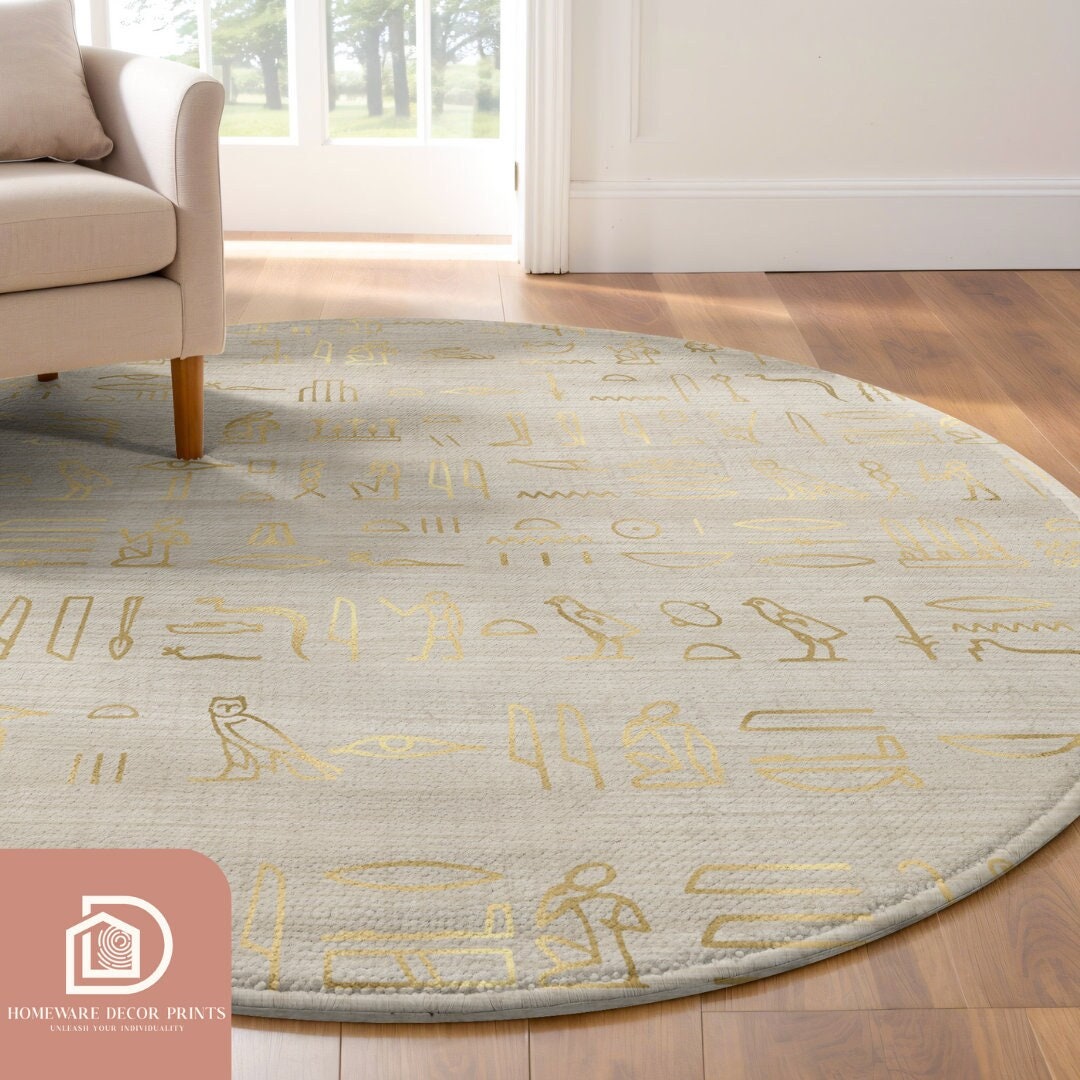 Egyptian 5ft Round Rug, Gold Hieroglyph Circular Carpet, Ancient ...