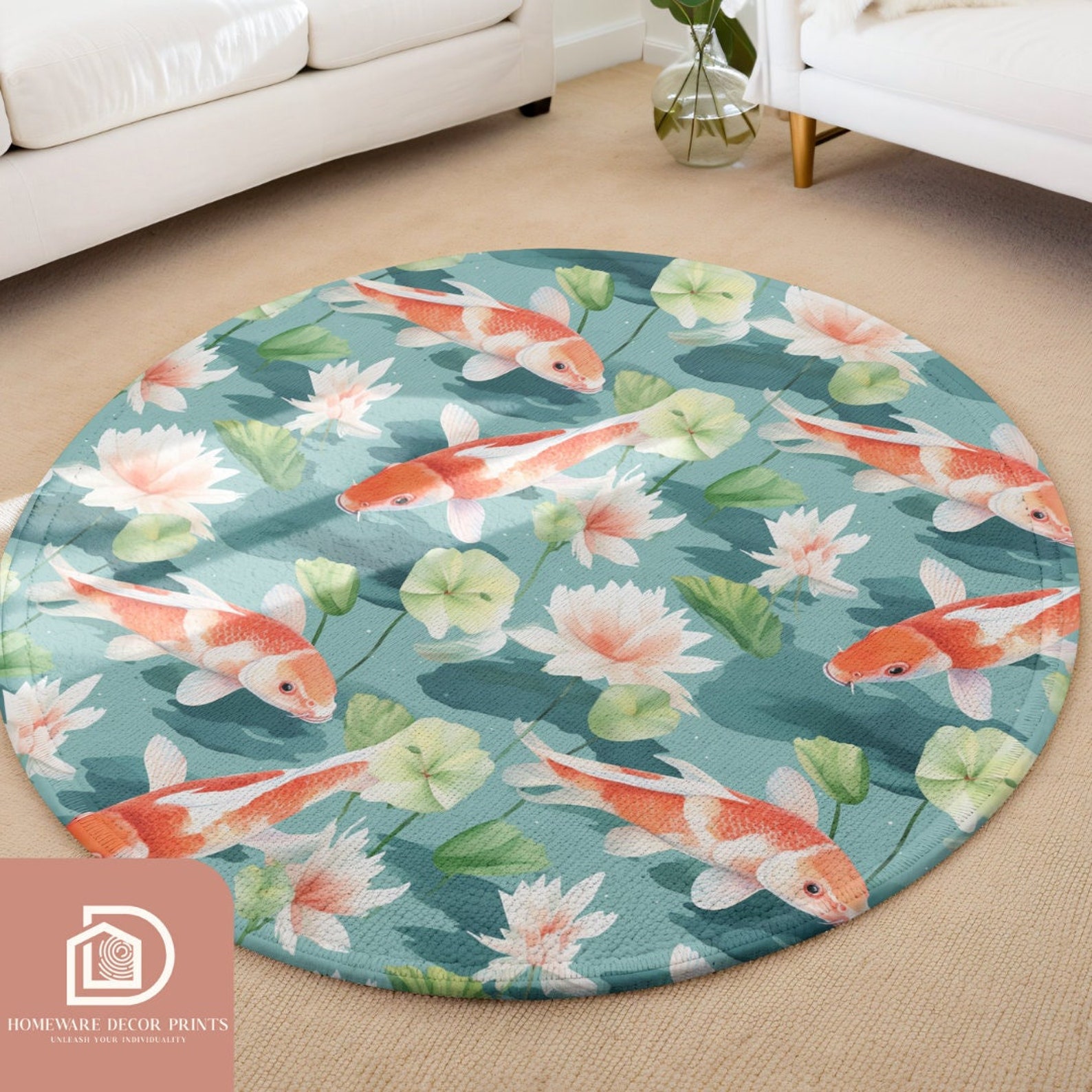 Koi Fish Pond 5ft Round Rug, Vibrant Asian Decorative Mat, Exotic ...