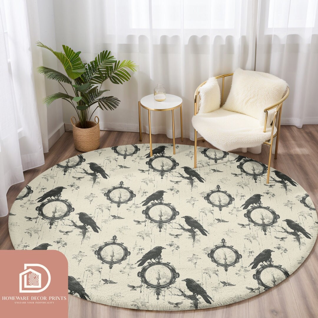 Gothic Black Crow 5ft Round Rug, Victorian Bird Circular Mat, Witchy ...