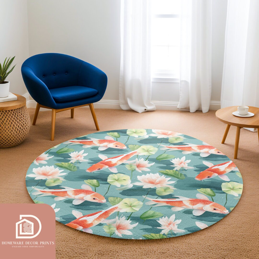 Koi Fish Pond 5ft Round Rug, Vibrant Asian Decorative Mat, Exotic ...