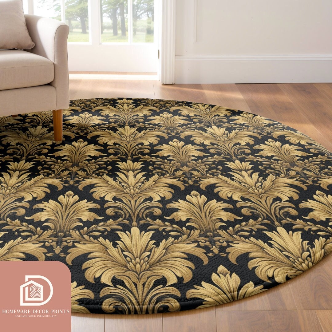 Gold Damask 5ft Round Rug, Victorian Era Aesthetic, Gothic Baroque ...