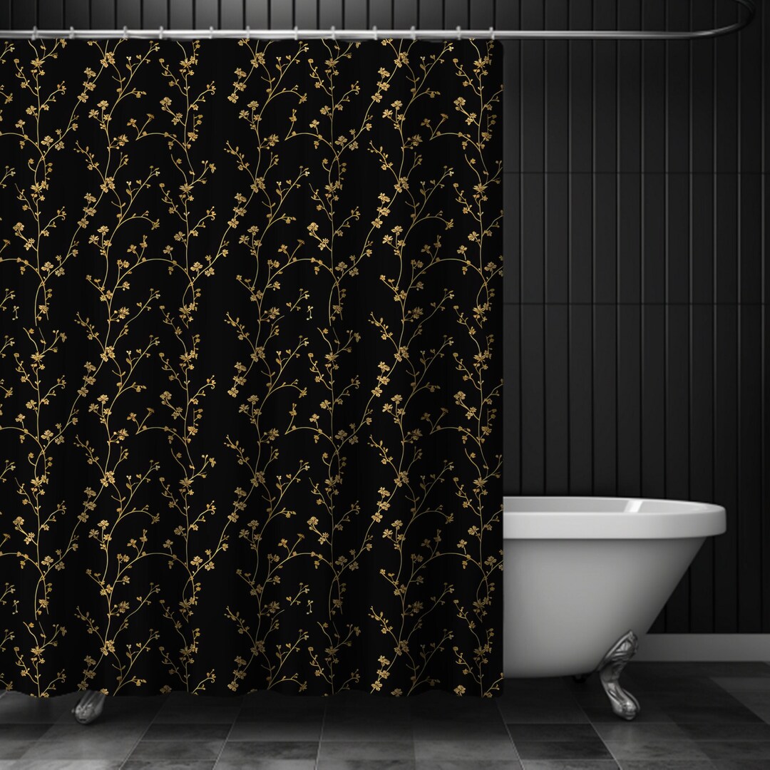 Gold Flower Shower Curtain, Moody Gothic Floral Aesthetic, Dark ...