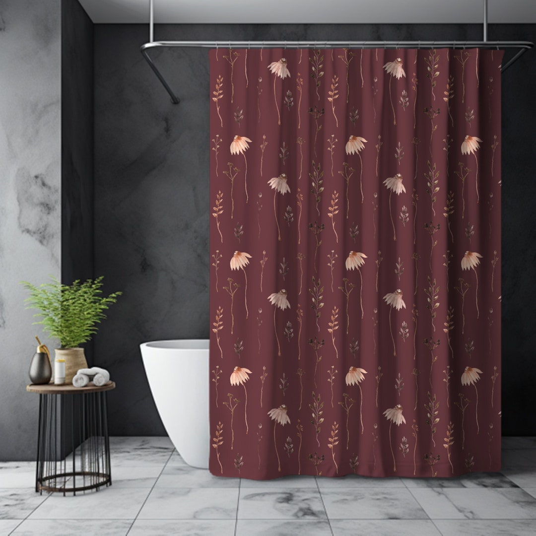 Burgundy Floral Shower Curtain, Maroon Bohemian Dry Flower Bathroom ...