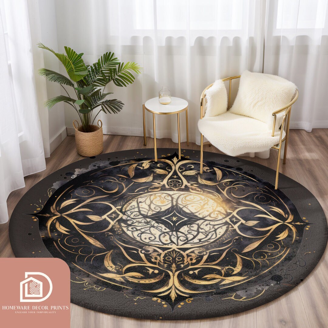 Gothic Mandala 5ft Round Rug, Symmetrical Baroque Circular Carpet ...
