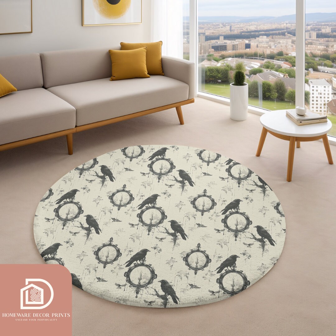 Gothic Black Crow 5ft Round Rug, Victorian Bird Circular Mat, Witchy ...