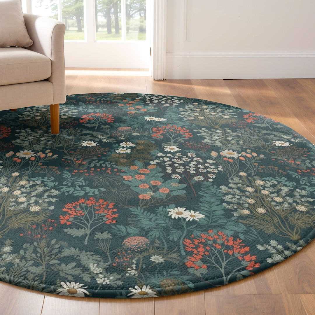 Emerald Green Floral 5ft Round Rug, Dark Academia Cottagecore ...