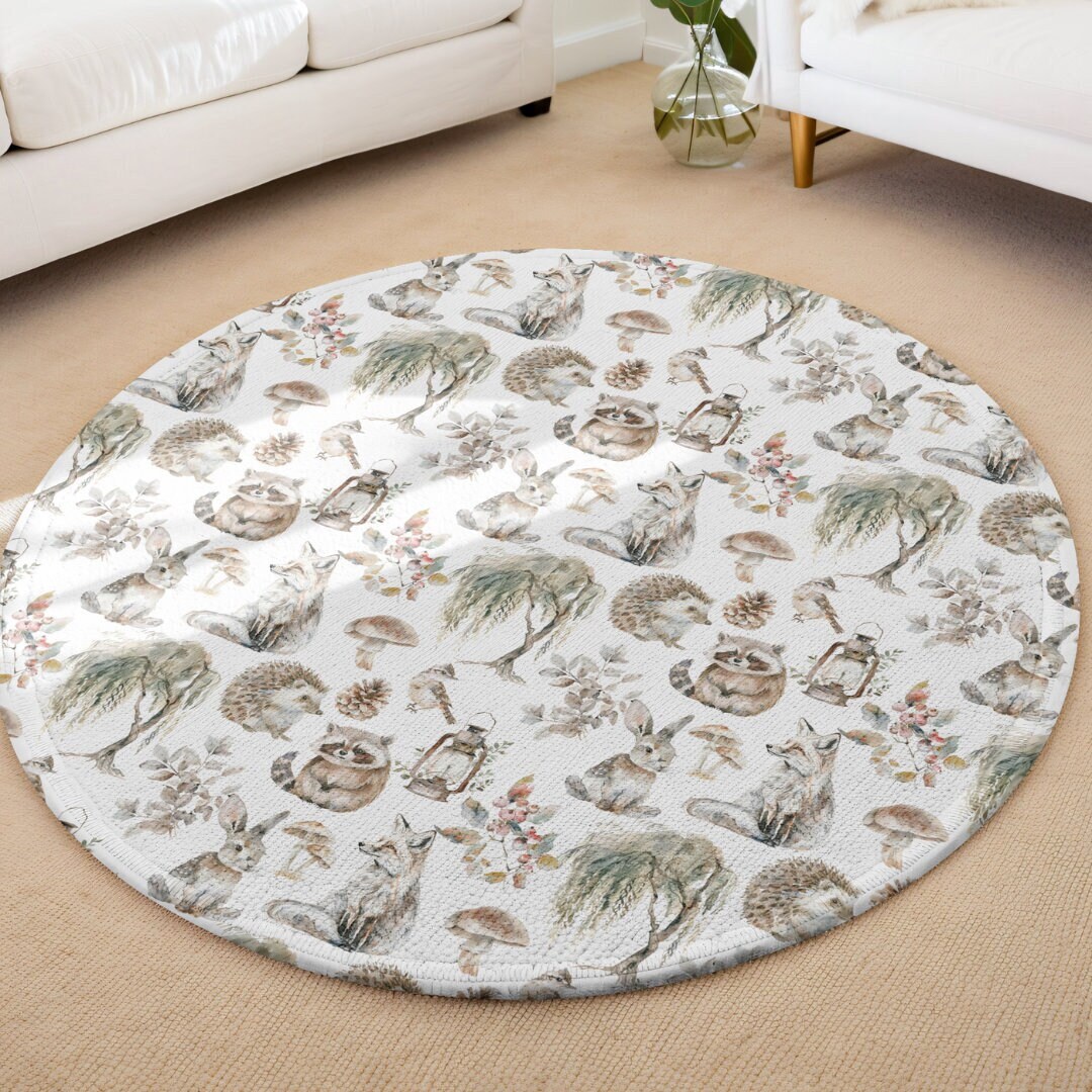 Enchanted Forest 5ft Round Rug, Animal Themed Nursery, Vintage Wildlife ...