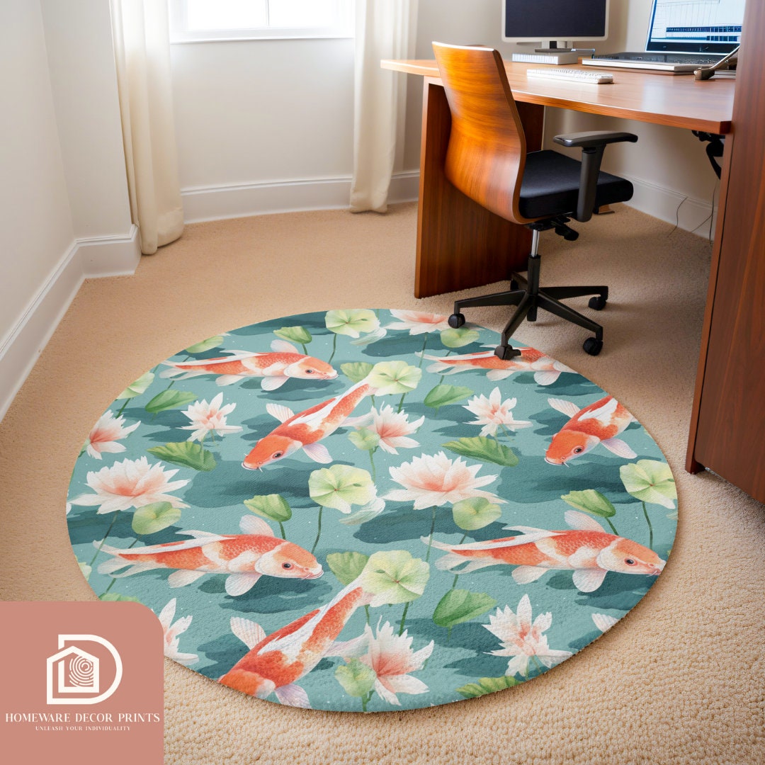 Koi Fish Pond 5ft Round Rug, Vibrant Asian Decorative Mat, Exotic ...
