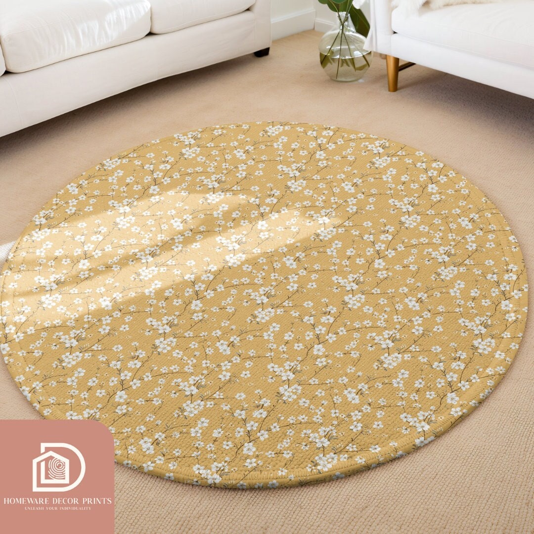 Yellow Floral 5ft Round Rug, Ochre Coquette Comfy Carpet, Botanical ...