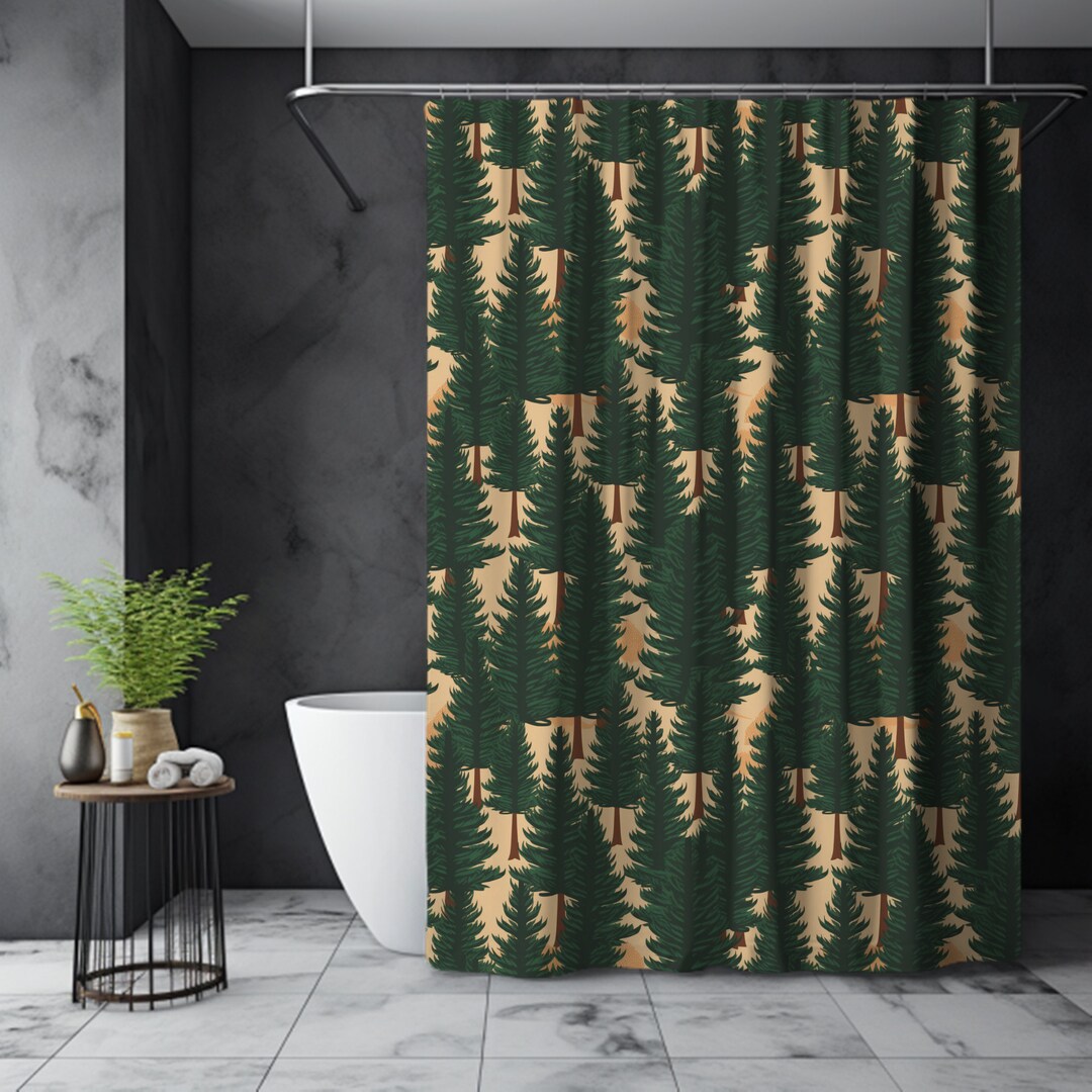 Green Forest Tree Shower Curtain, Countryside Cabin Decor, Rustic ...