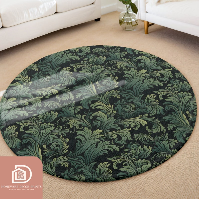 Green Damask 5ft Round Rug, Old Money Aesthetic, Baroque Victorian Era ...