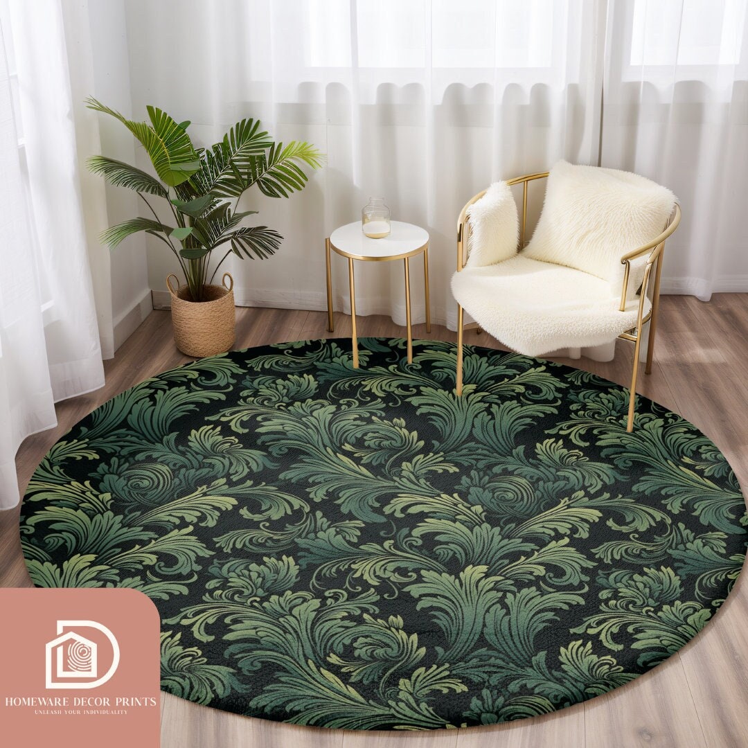 Green Damask 5ft Round Rug, Old Money Aesthetic, Baroque Victorian Era ...