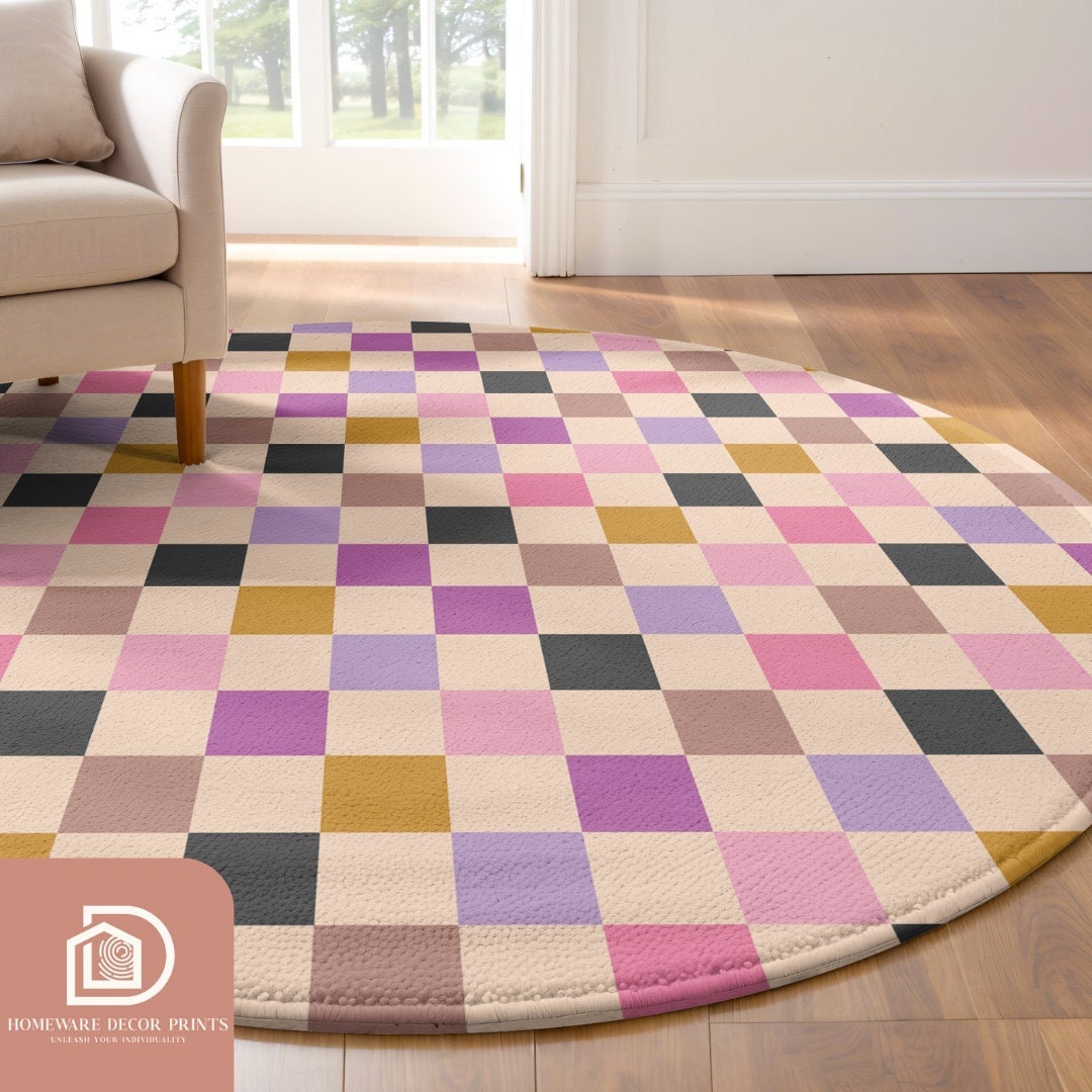 Pastel Checkered 5ft Round Rug, Blush Pink Checkerboard Mat, Geometric ...