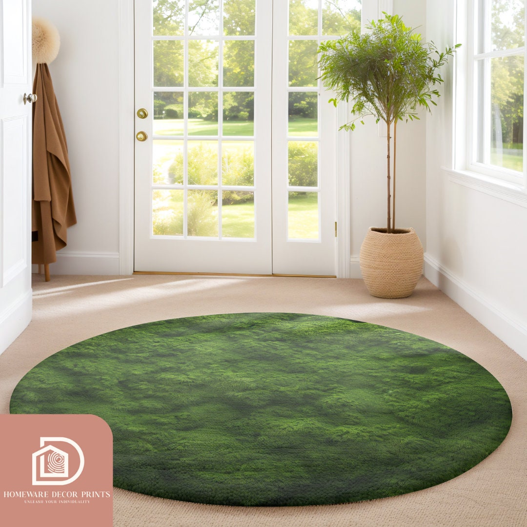 Green Moss 5ft Round Rug, Mossy Mountain Landscape Fluffy Mat, Woodland ...