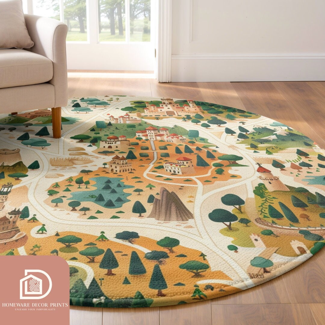 Medieval Kingdom Road Map 5ft Round Rug, Fairytale Castle Nursery Theme ...
