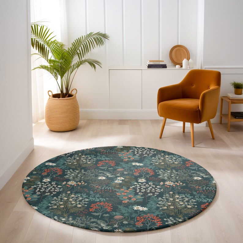 Emerald Green Floral 5ft Round Rug, Dark Academia Cottagecore ...