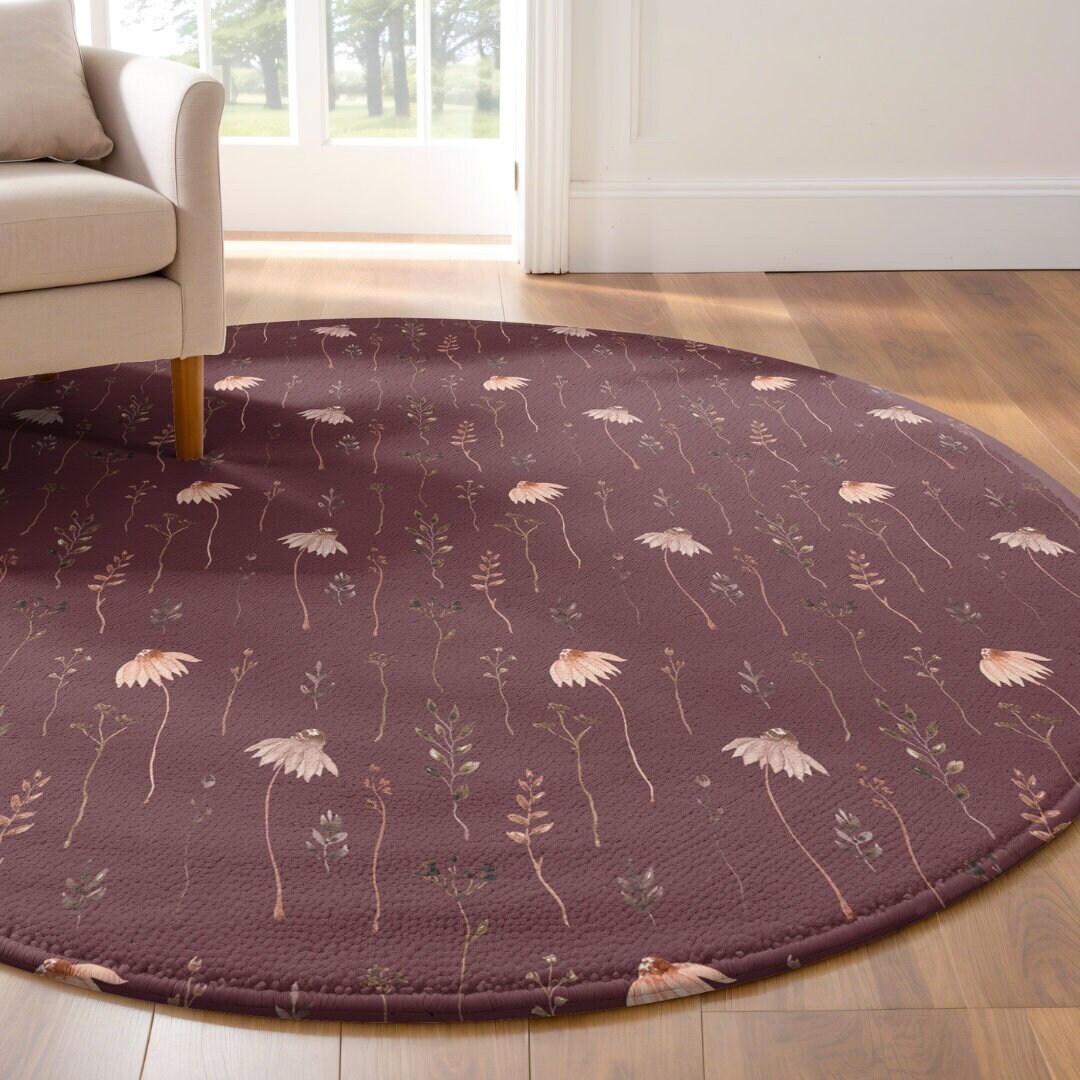 Burgundy Dried Flower 5ft Round Rug, Romantic Maroon Botanical ...