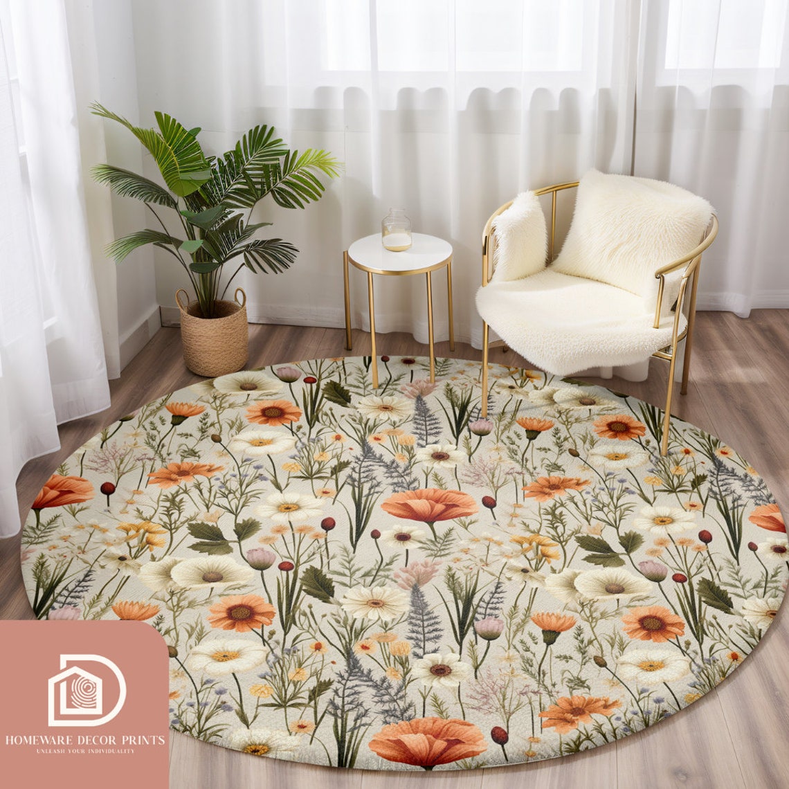 Earthy Floral 5ft Round Rug, Light Academia Fluffy Carpet, Cottagecore ...
