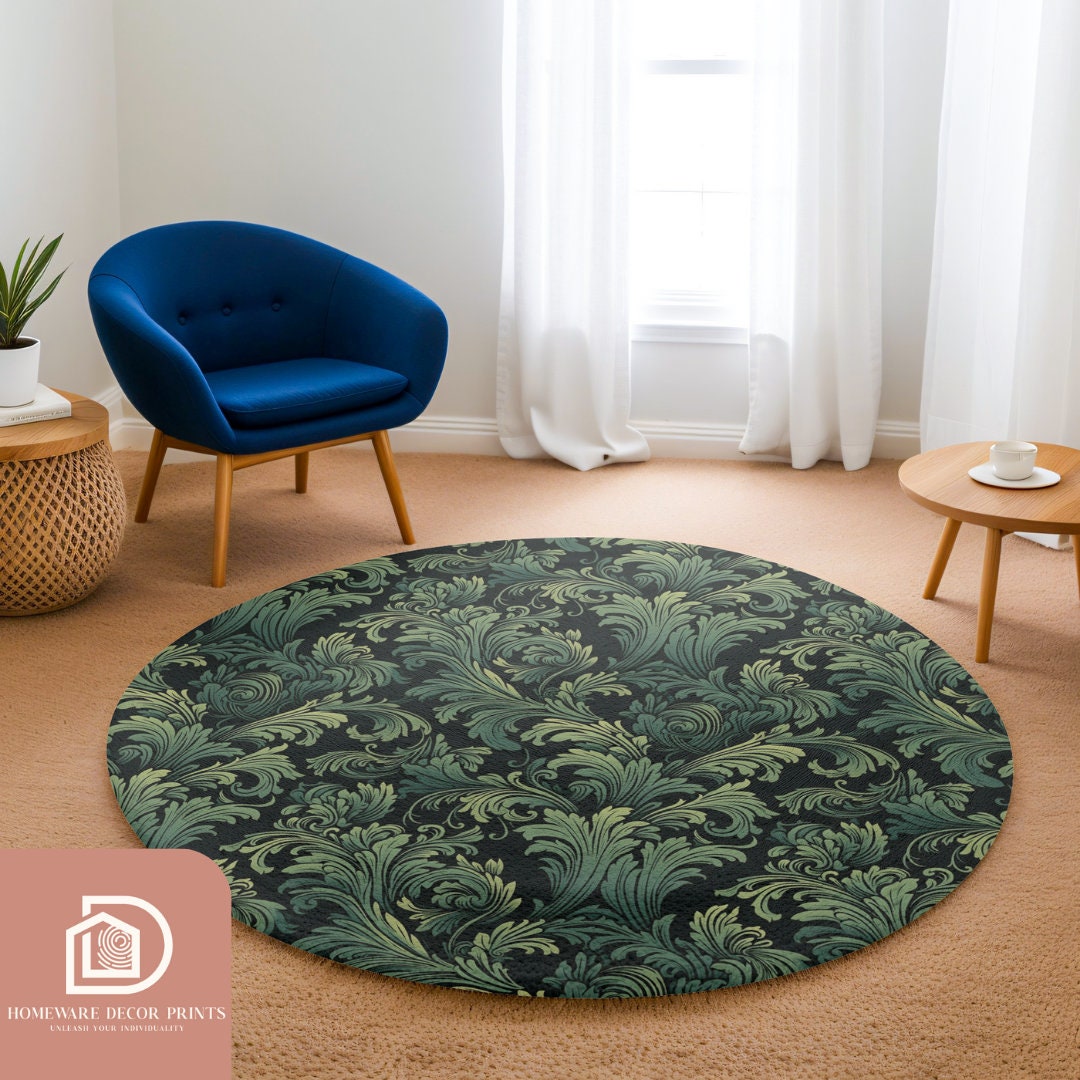 Green Damask 5ft Round Rug, Old Money Aesthetic, Baroque Victorian Era ...